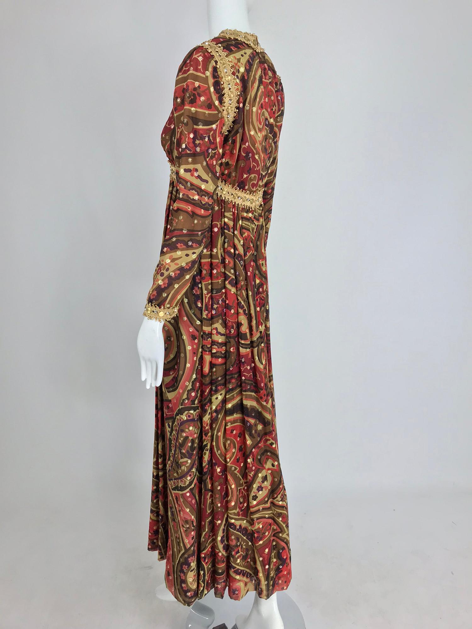 Russet Gold Metallic Chiffon Maxi Dress With Gold Metal Trim 1970s For ...