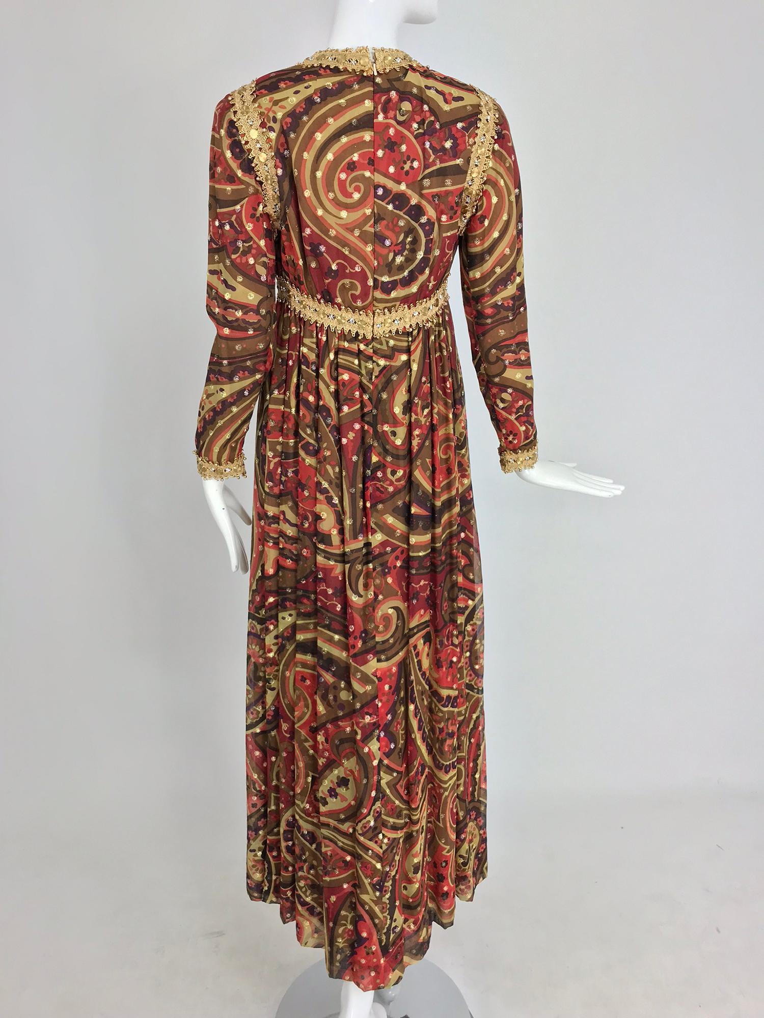 Russet Gold Metallic Chiffon Maxi Dress With Gold Metal Trim 1970s For ...