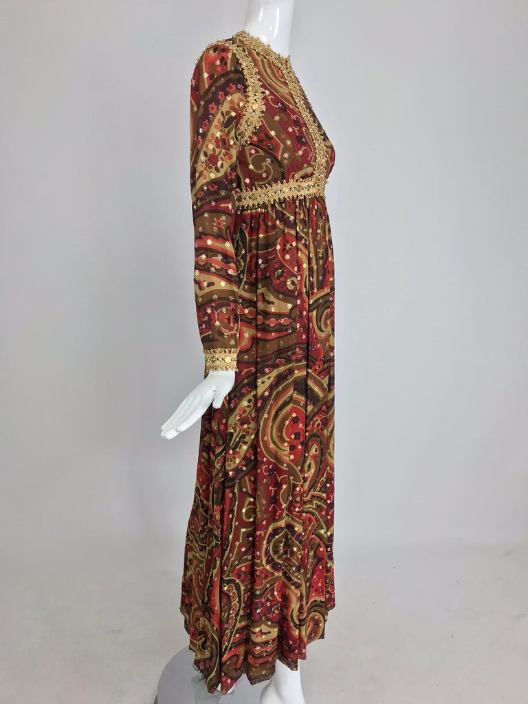 Russet Gold Metallic Chiffon Maxi Dress With Gold Metal Trim 1970s For ...