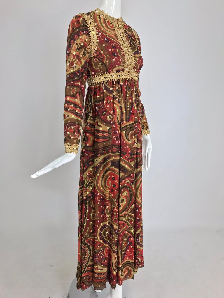 Russet Gold Metallic Chiffon Maxi Dress With Gold Metal Trim 1970s For ...