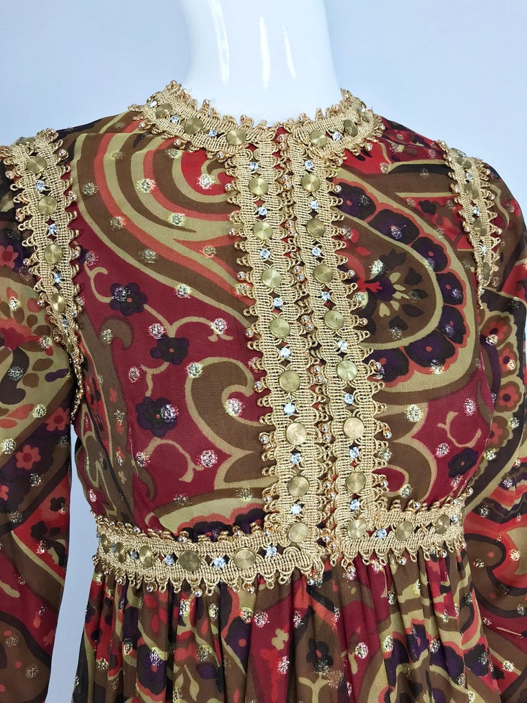 Russet Gold Metallic Chiffon Maxi Dress With Gold Metal Trim 1970s For ...