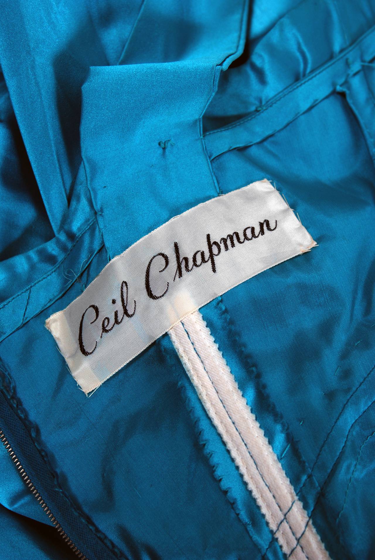 1950's Ceil Chapman Turquoise-Blue Beaded Satin Shelf-Bust Draped ...