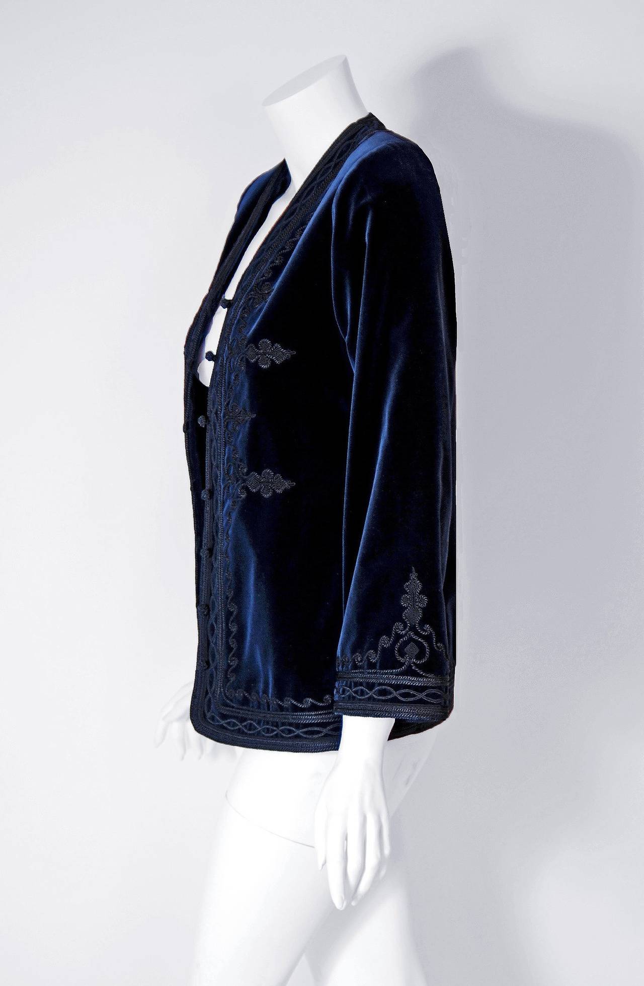 1976 Yves Saint Laurent Navy-Blue Embroidered Velvet Bohemian Russian ...