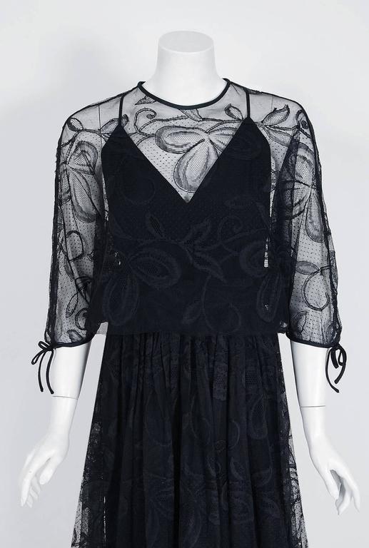 1970's Donald Brooks Black Lace Illusion Plunge Batwing-Sleeve Goddess ...