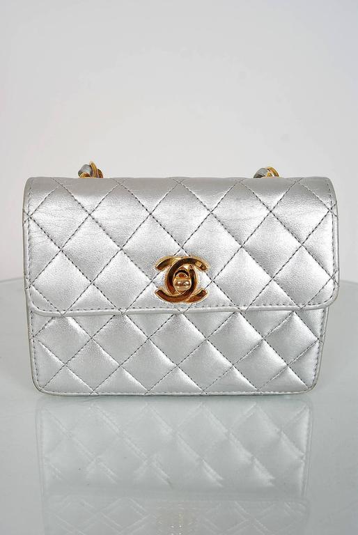 1990's Chanel Metallic-Silver Quilted Leather Mini Flap Shoulder Bag ...