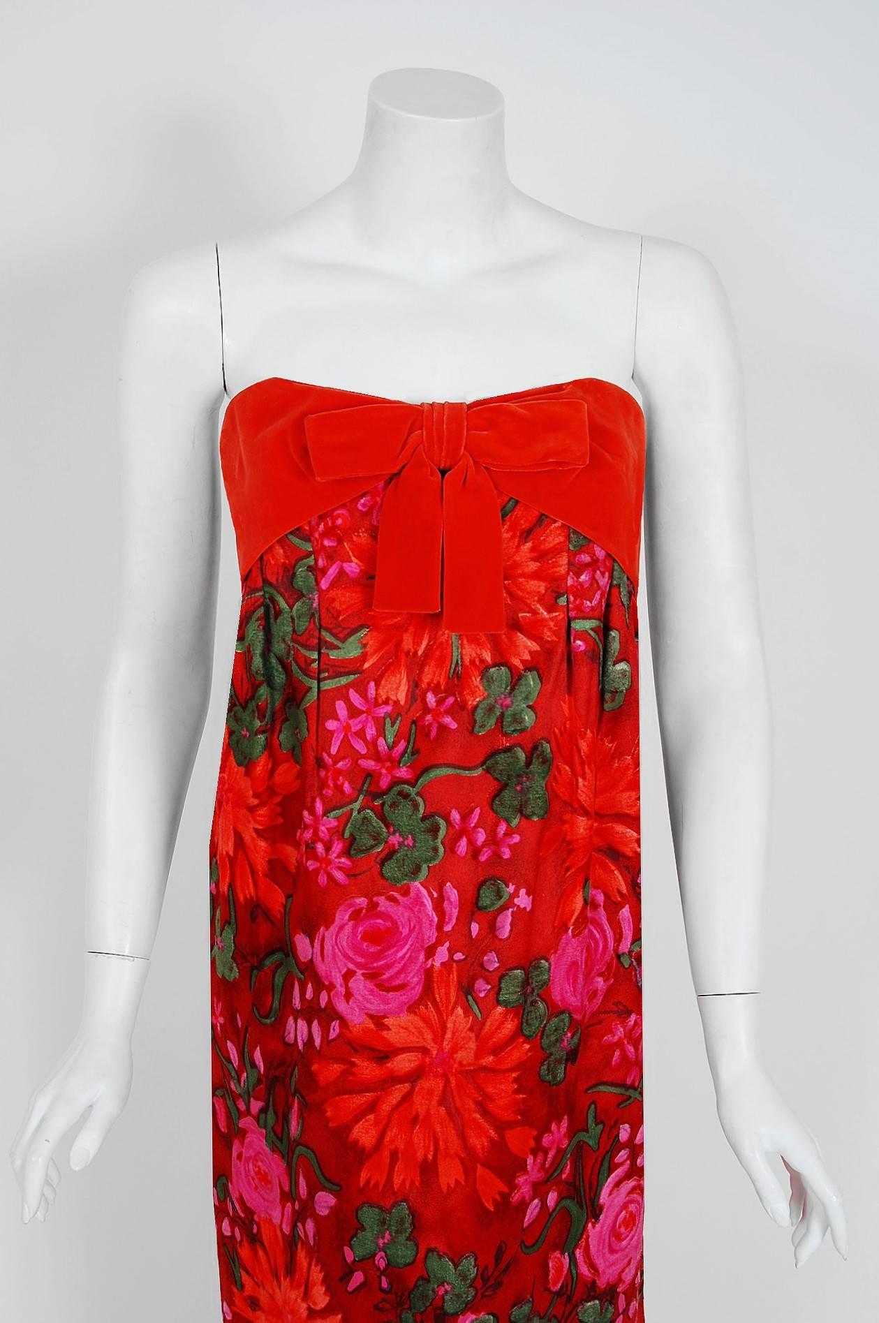 Vintage 1960's Bob Bugnand Red and Orange Floral Flocked Satin ...