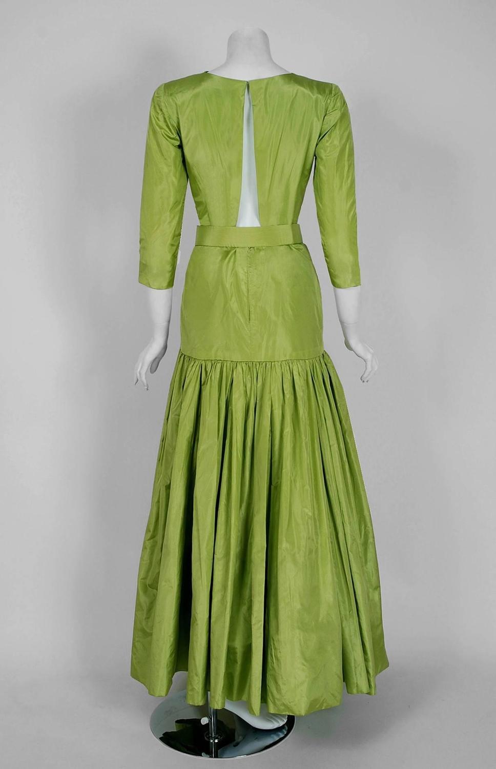 1986 Christian Dior Haute-Couture Chartreuse Silk Belted Hourglass ...