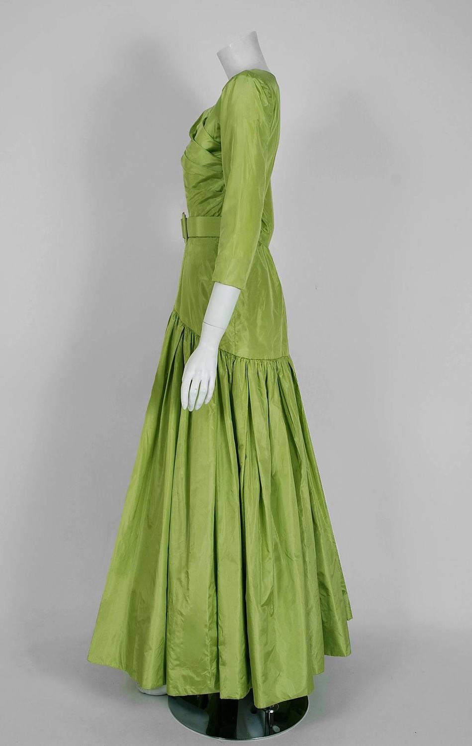1986 Christian Dior Haute-Couture Chartreuse Silk Belted Hourglass ...