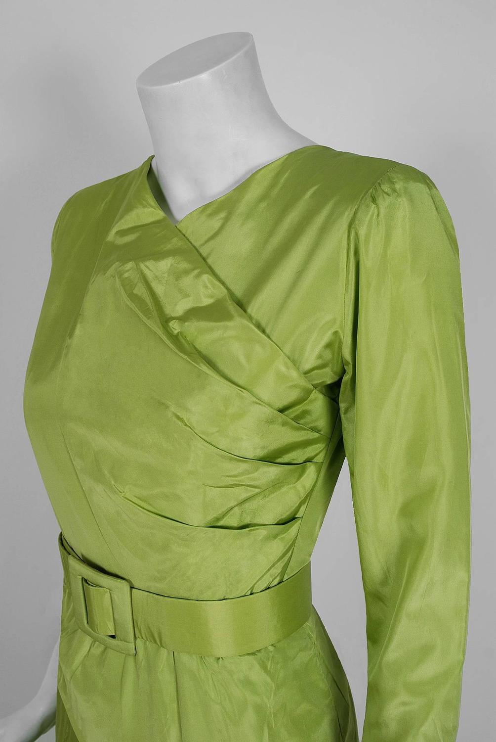 1986 Christian Dior Haute-Couture Chartreuse Silk Belted Hourglass ...