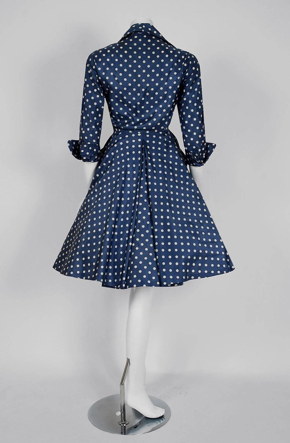 1954 Christian Dior Original Polka-Dot Blue and White Silk Circle-Skirt ...