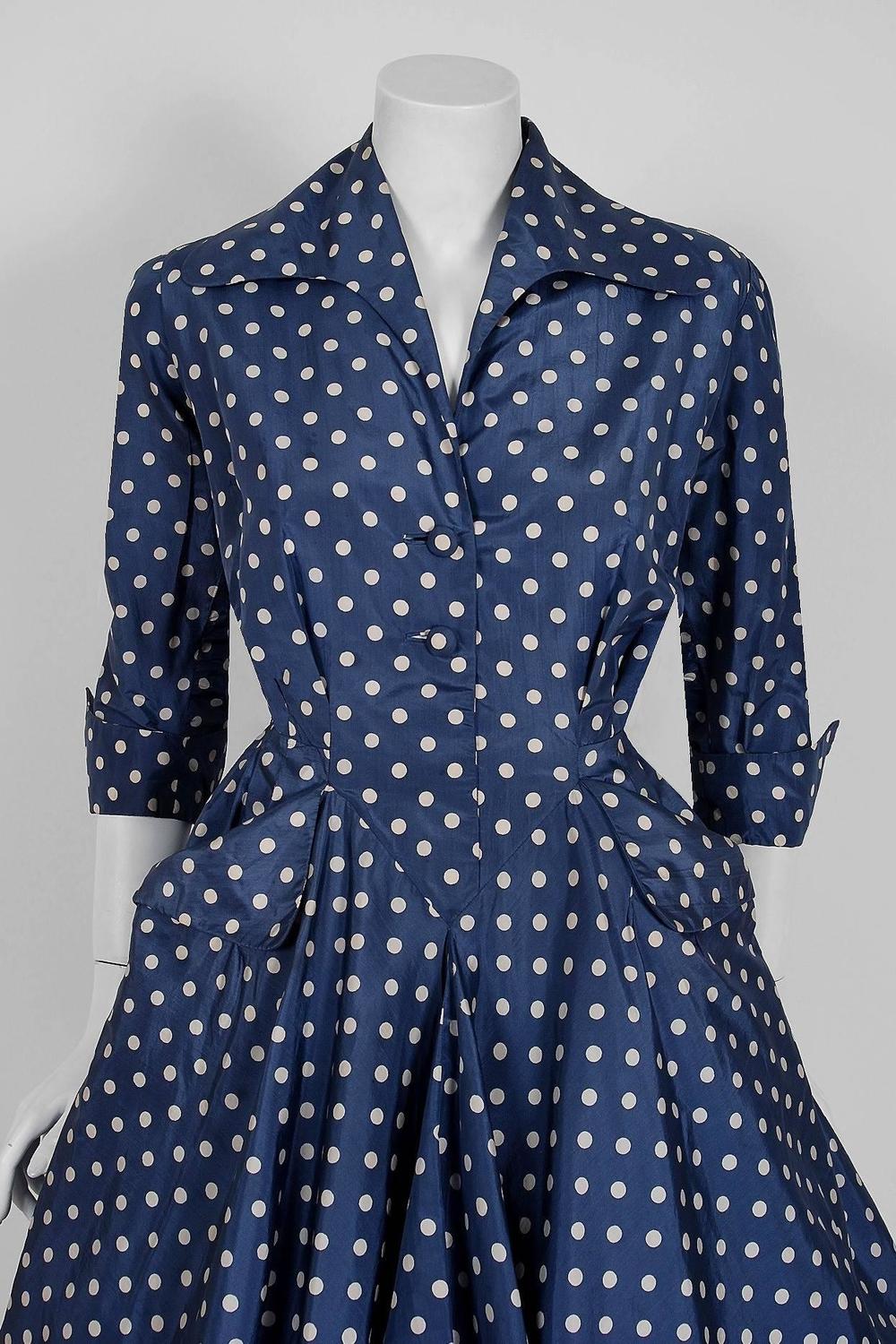 1954 Christian Dior Original Polka-Dot Blue and White Silk Circle-Skirt ...