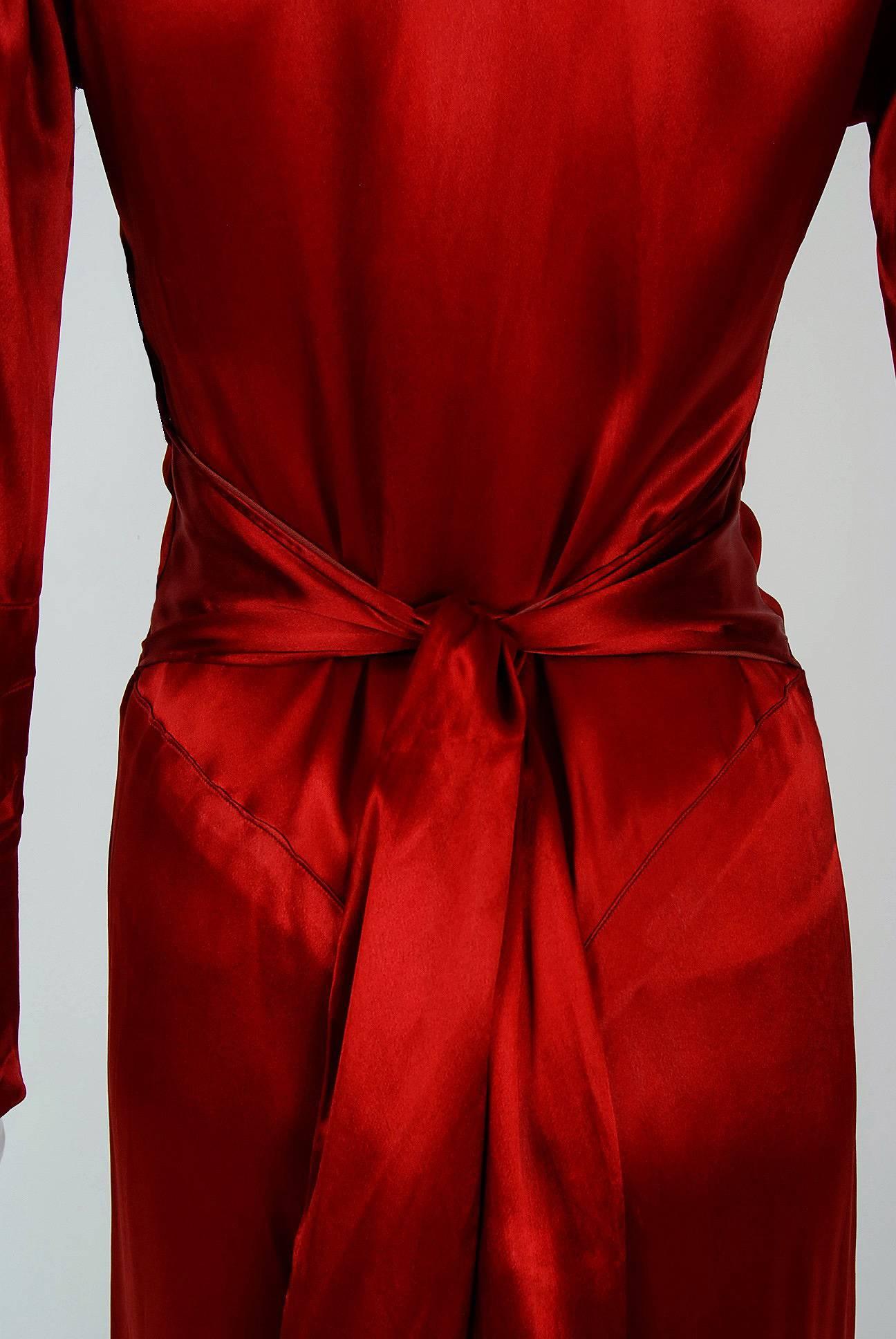 1930's Elegant Ruby Red Satin Sculpted Cowl-Neck Deco Poet-Sleeve ...