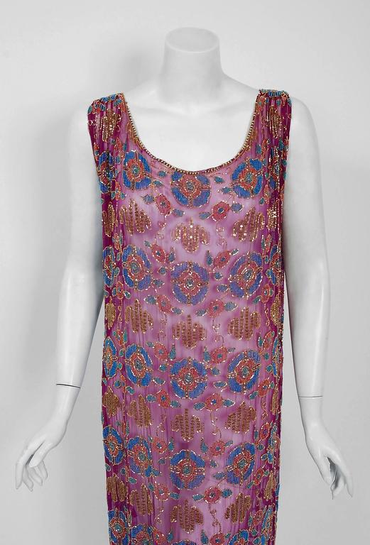 1920's French Couture Purple Beaded Sequin Deco Floral Chiffon Flapper ...