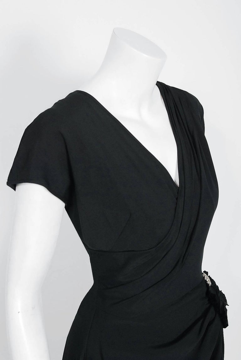1944 Irene Lentz Black Silk-Rayon Asymmetric Draped Hourglass Formal ...