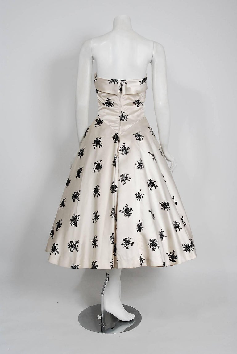 1955 Hattie Carnegie Ivory and Black Flocked Floral Satin Strapless ...
