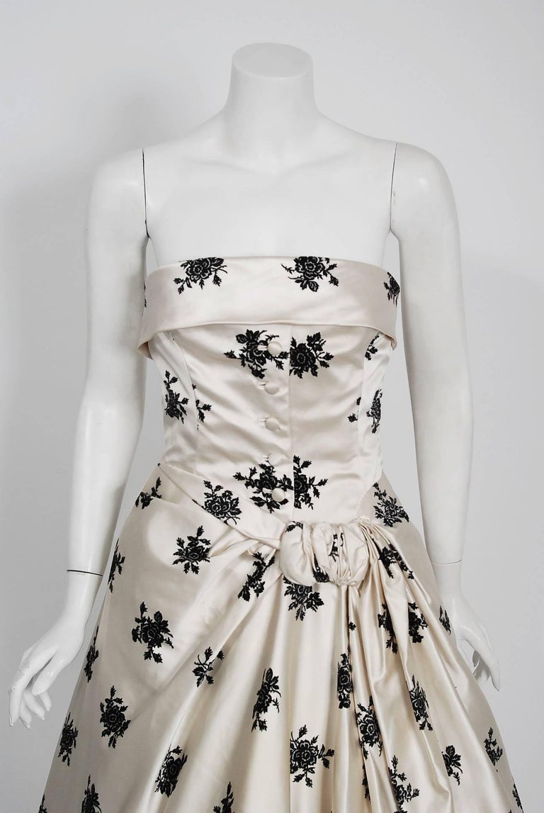 1955 Hattie Carnegie Ivory and Black Flocked Floral Satin Strapless ...