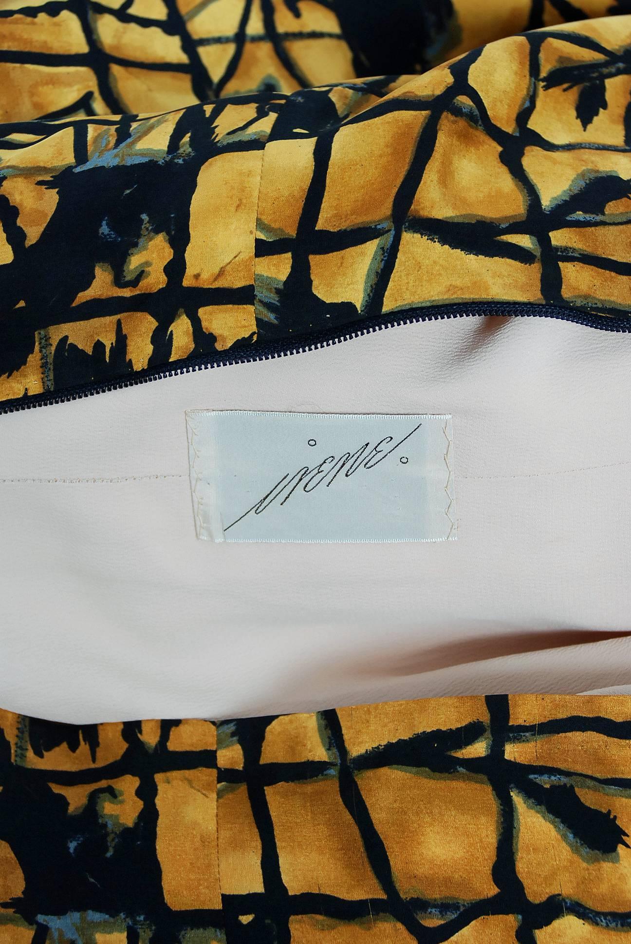 1955 Irene Lentz Couture Marigold and Black Graphic Print Silk Cocktail ...