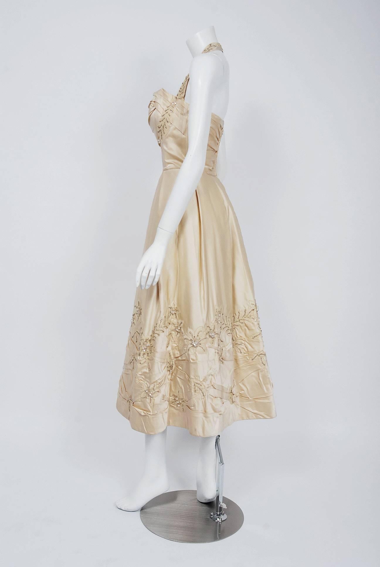 Vintage 1950's Ceil Chapman Ivory Beaded Applique Silk Satin Halter ...