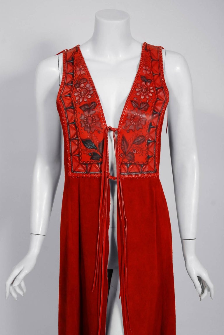 1970's Char Handpainted Red Leather Suede Whipstitch Bohemian Hippie ...