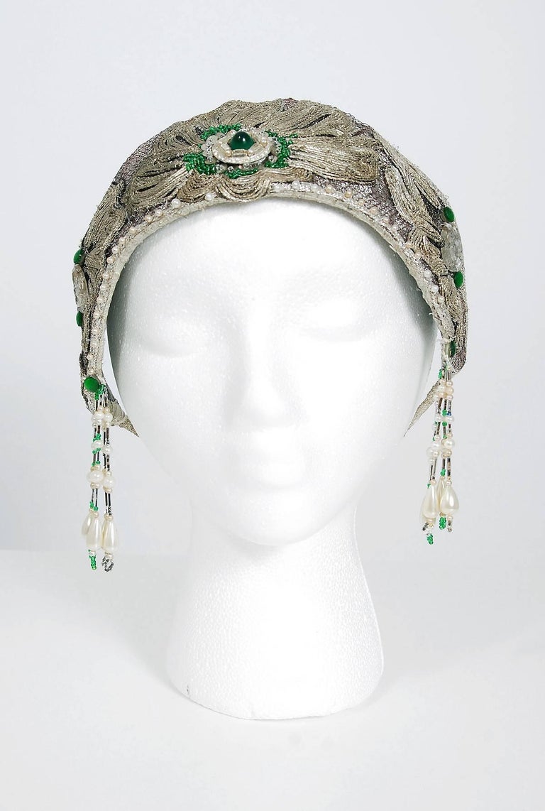 1920's Metallic Silver Lamé Beaded Green Jeweled Deco Flapper Crown ...