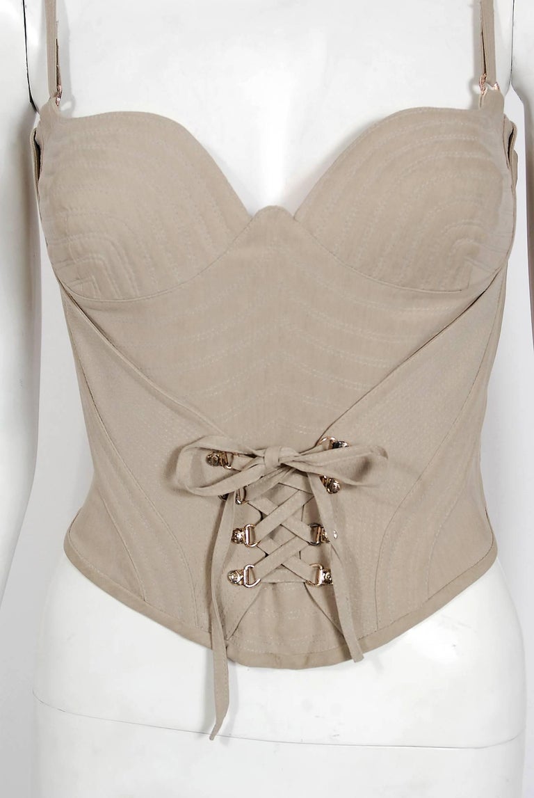 1995 Versace Couture Runway Khaki Silk Low-Plunge Corset Bodice w ...