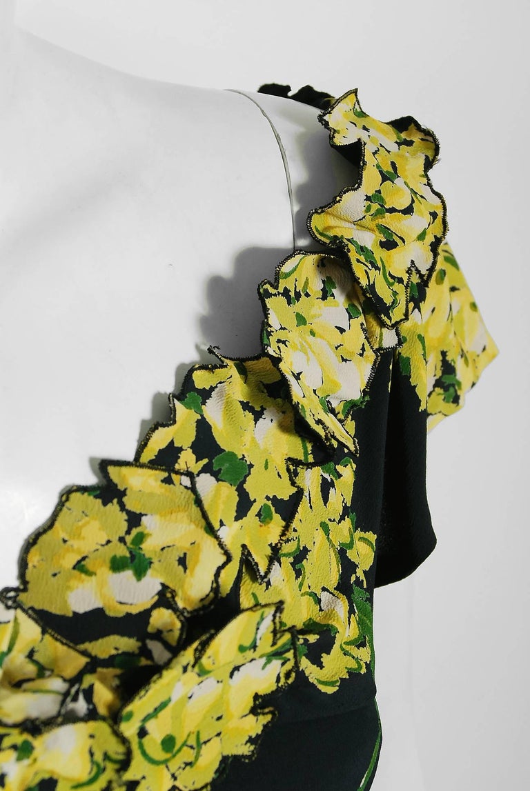 1930's Chartreuse Floral Print Silk Rayon Applique Off-Shoulder Maxi ...