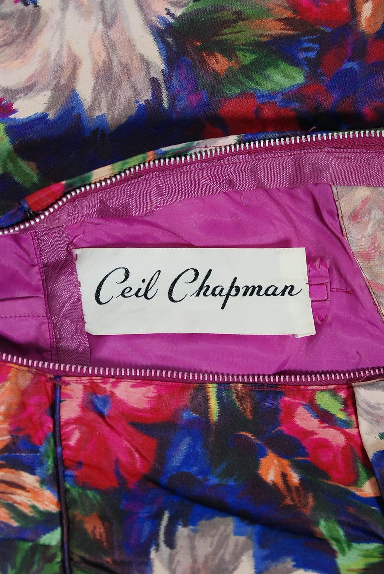 Vintage 1950's Ceil Chapman Watercolor Floral Silk Ruched Plunge ...