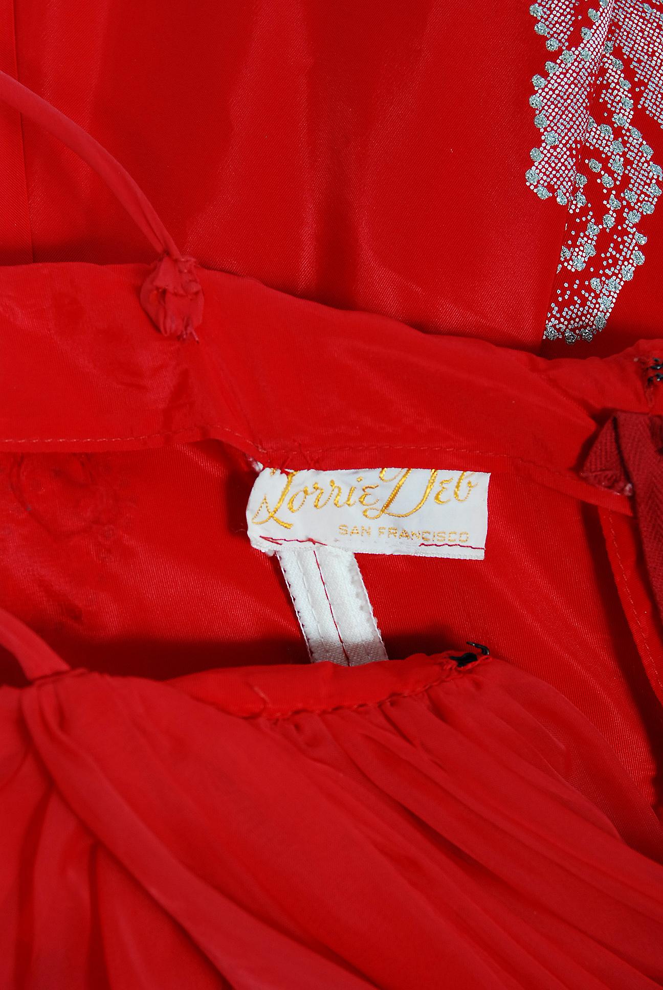 1950's Lorrie Deb Metallic Roses Print Red Taffeta Shelf-Bust Full ...