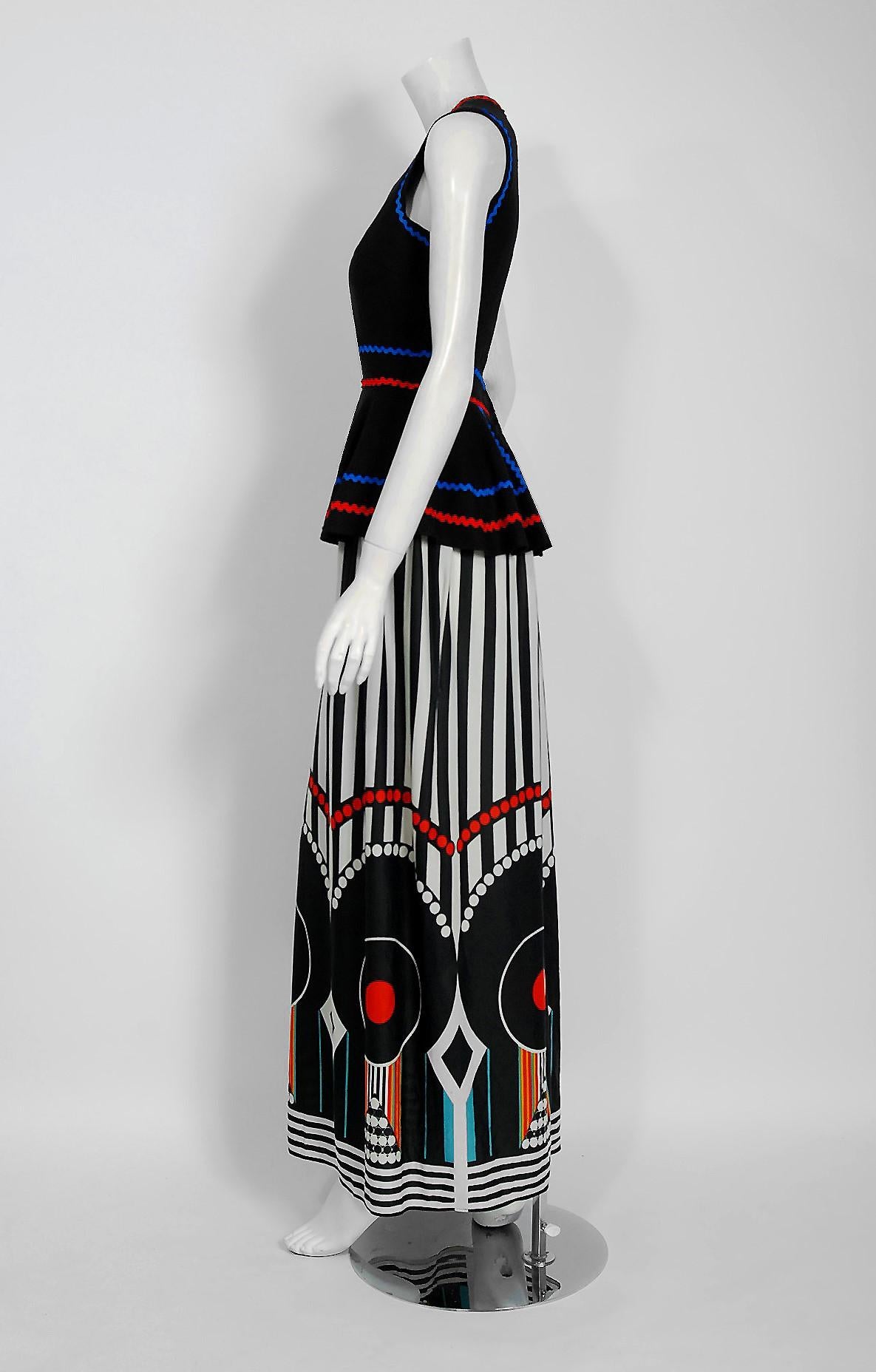 Vintage 1970s Jean Varon Documented Linen Jersey Graphic Print Peplum ...