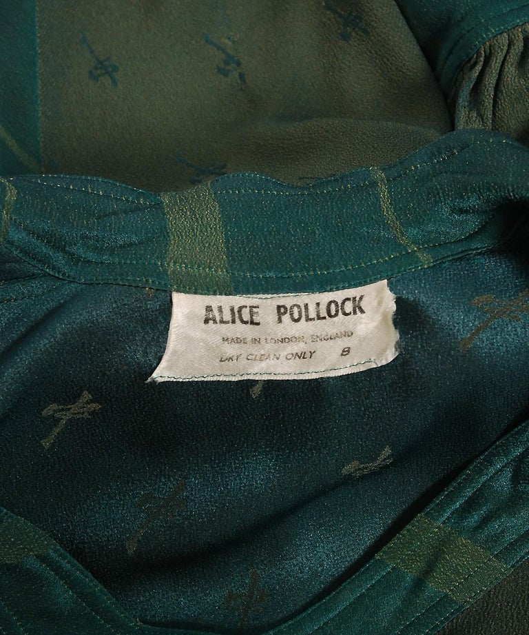 1970 Alice Pollock Green Print Rayon Cut-Out Plunge Billow Sleeve Maxi ...