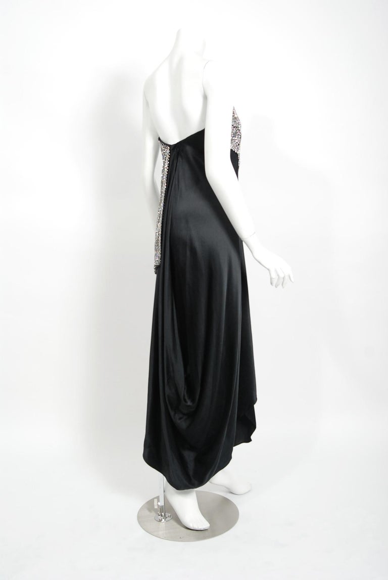 1975 Stavropoulos Black Silk Satin Rhinestone Strapless Asymmetric ...