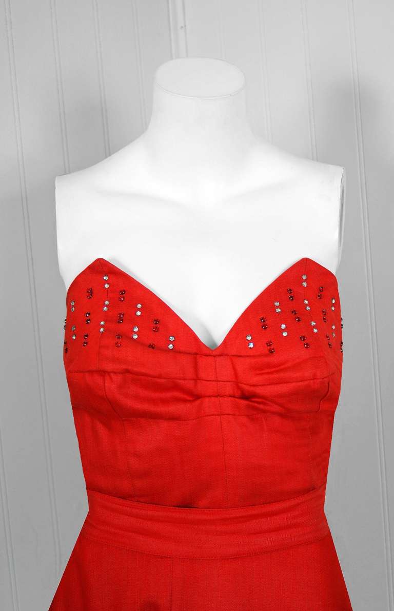 1940's Tangerine-Orange Rhinestone Cotton Strapless Bustier Dress Set ...