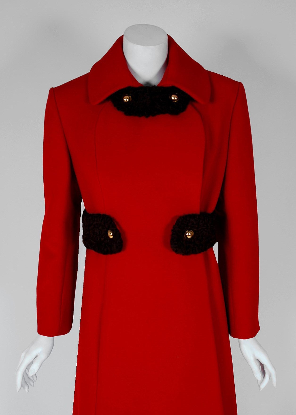 1960's Saks Fifth Avenue Ruby-Red Wool and Persian-Lamb Fur Belted Mod ...