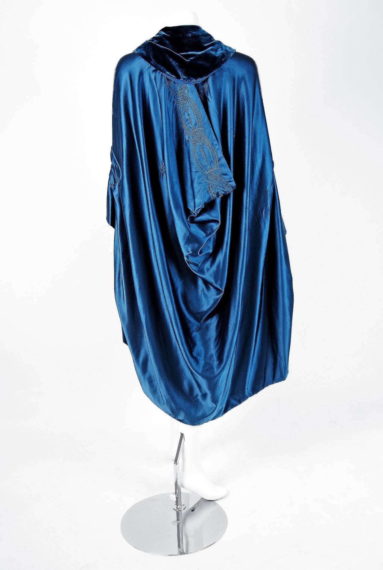 Liberty Couture Steel Blue Embroidered Silk Art Nouveau Draped Coat ...