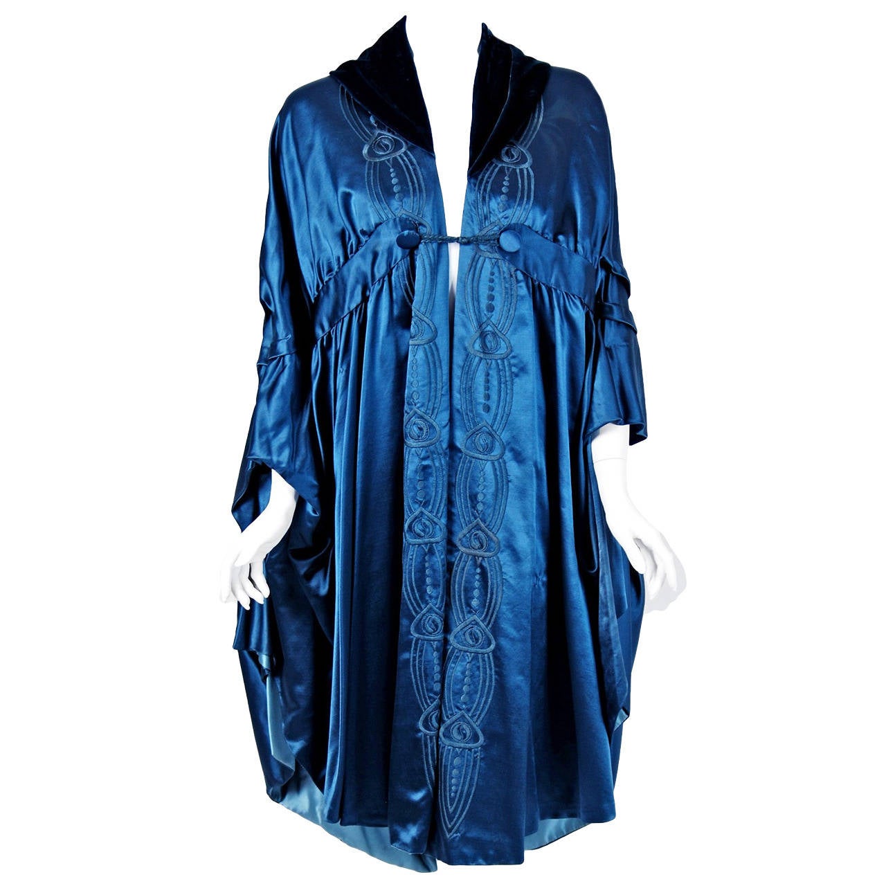Liberty Couture Steel Blue Embroidered Silk Art Nouveau Draped Coat ...