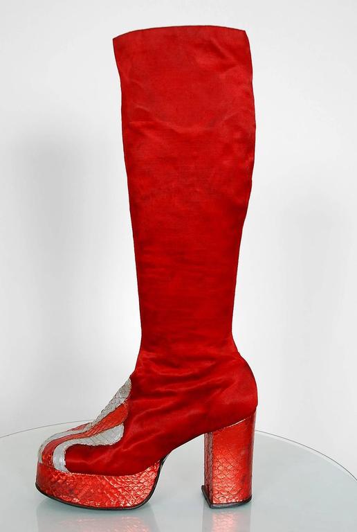 1970's Ruby-Red Satin and Silver Snakeskin Glam-Rock Platform Knee-High ...