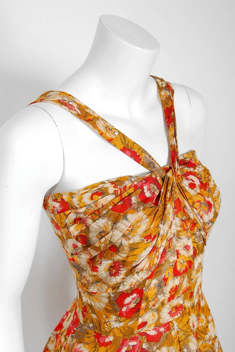 Vintage 1950's Beaded Marigold and Red Floral Print Cotton Shelf-Bust ...