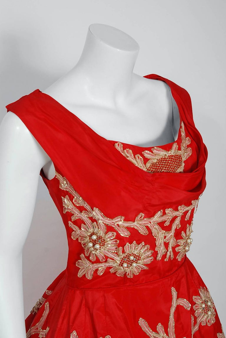 1950's Ruby Red Beaded Metallic Applique Taffeta Shelf-Bust Full Party ...