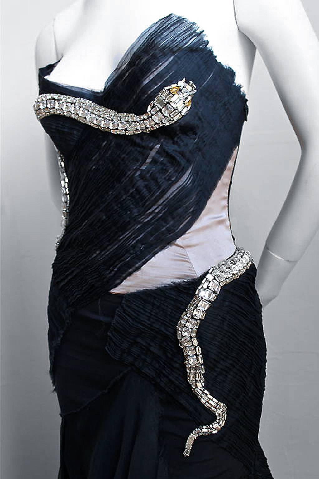 2004 Gucci by Tom Ford Runway Black Silk Crystal-Snake Strapless Finale ...