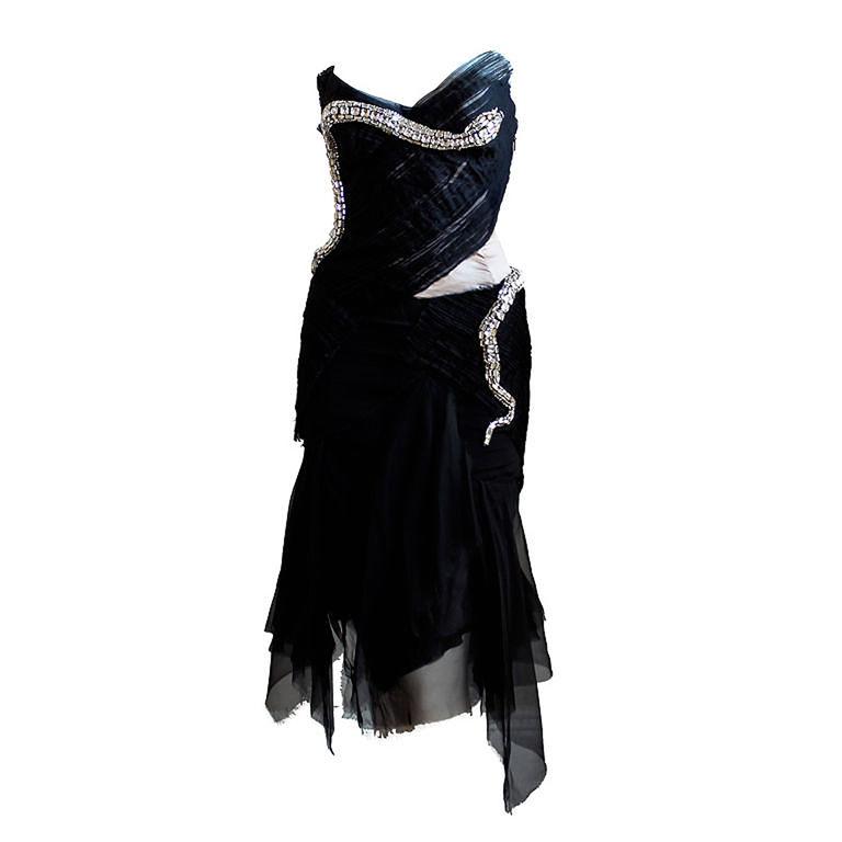 2004 Gucci by Tom Ford Runway Black Silk Crystal-Snake Strapless Finale ...