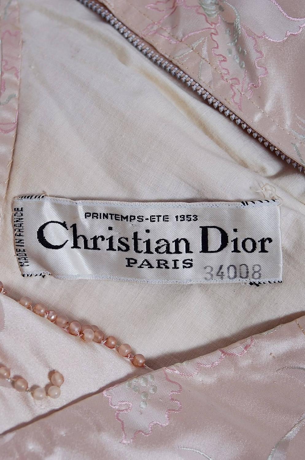 1953 Christian Dior Haute-Couture Beaded Champagne Pink Floral-Print ...