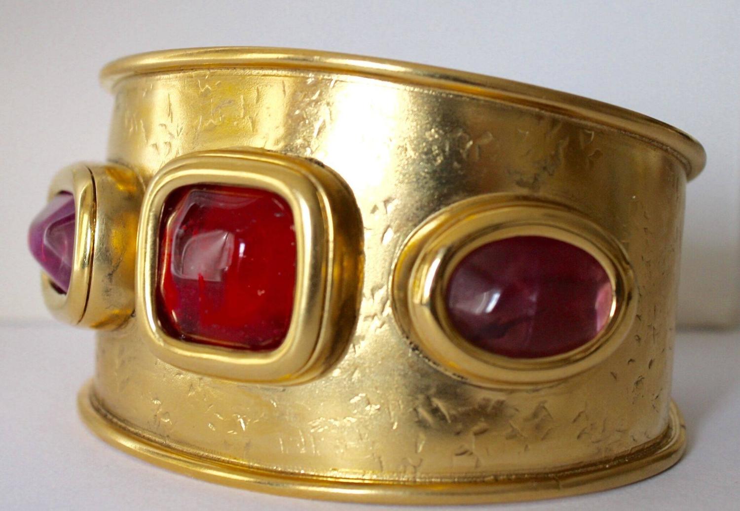 Goossens Paris Hammered Gold and Pink Rock Crystal Cuff Bracelet at 1stdibs