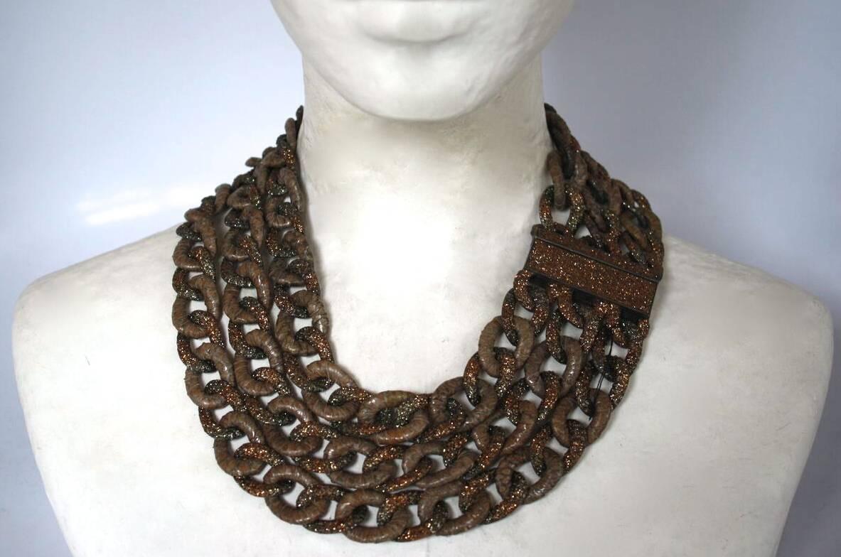 KMO Paris Taupe Leather and Silver Powder Multi Strand Chain Necklace ...