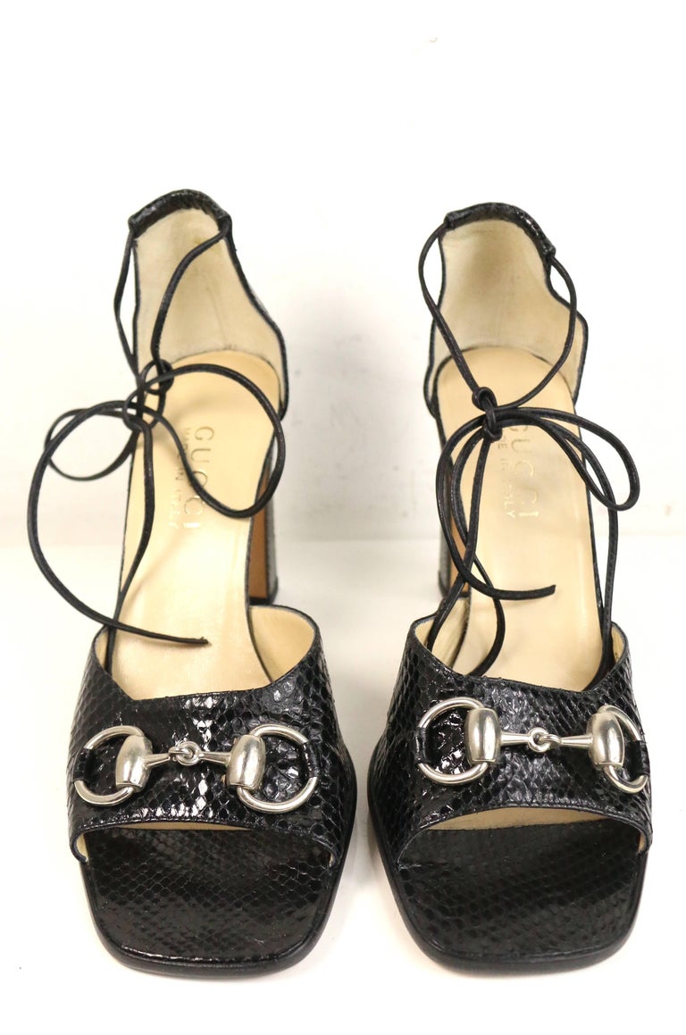 1996 Gucci by Tom Ford Classic Black Python Open Toe Lace Up Sandals ...