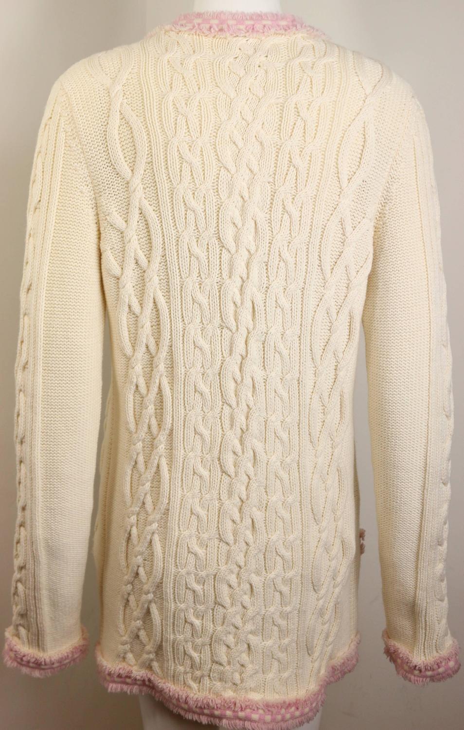 Chanel White Pink Fringe Trim Knitted Pattern Cardigan Sweater For Sale ...
