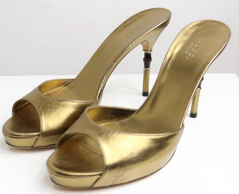 Gucci Gold Metallic Leather Slip-On Sandals Bamboo Heels at 1stDibs