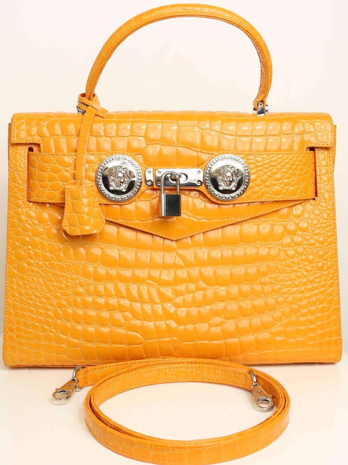 Gianni Versace Couture Orange Croc Embossed Enamel Leather Kelly Style ...