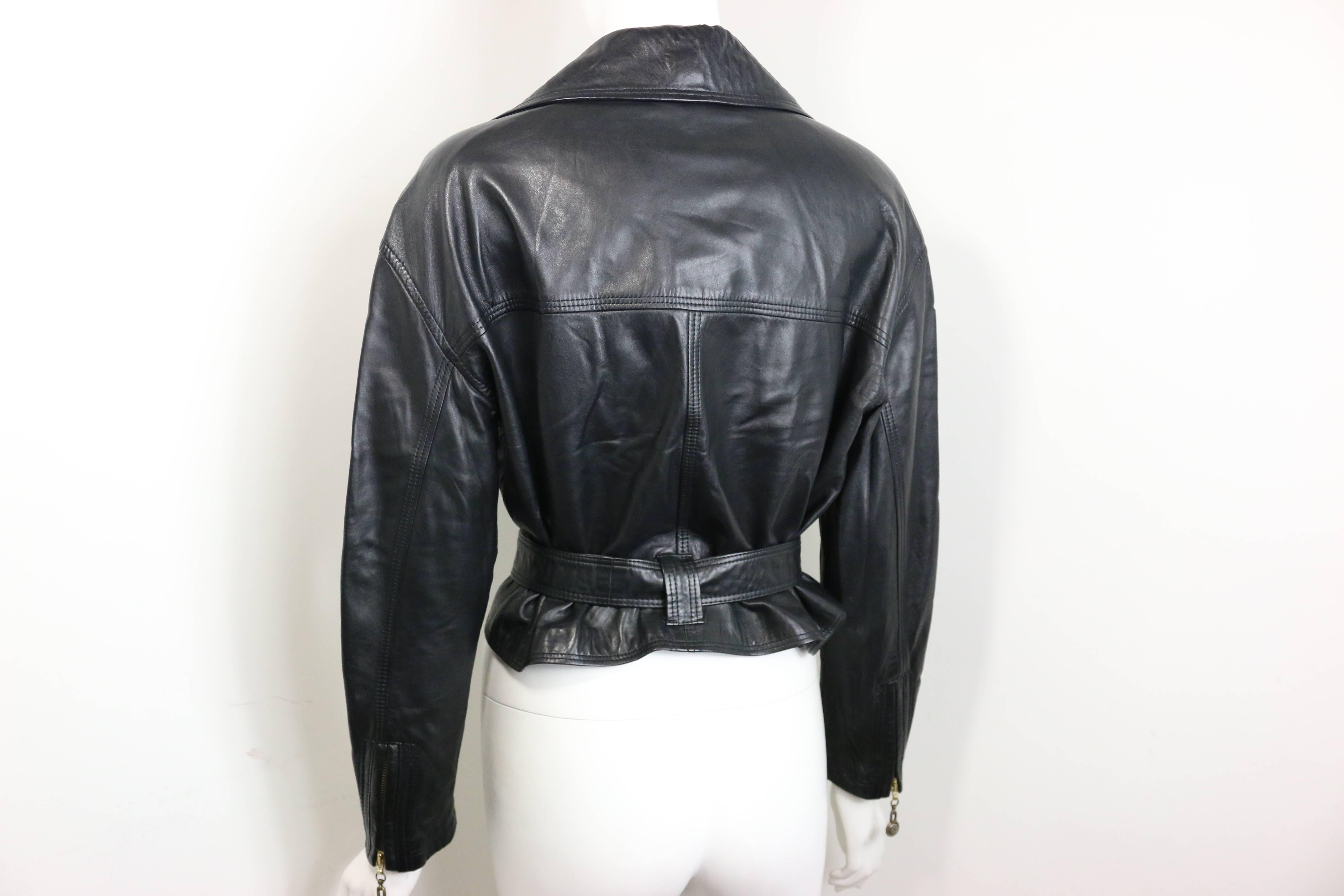 Istante by Gianni Versace Black Leather Biker Belted Jacket with Cutout ...