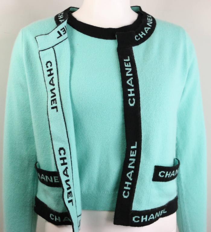 Chanel Turquoise Cashmere Black "Chanel" Piping Trim Twin-Sets at 1stDibs | 1998 chanel twin set ...