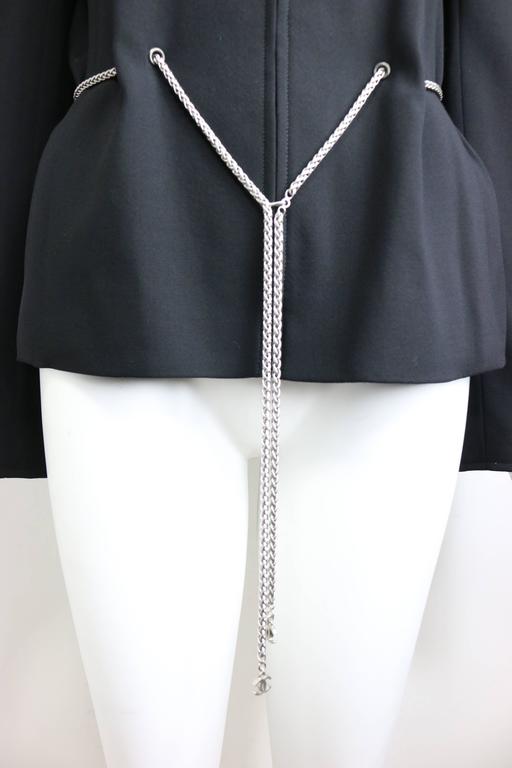 Chanel Black Wool Waist Chain Collarless Jacket For Sale at 1stDibs